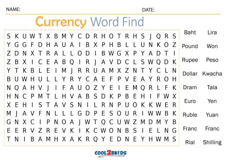 Printable Currencies Word Search - Cool2bKids