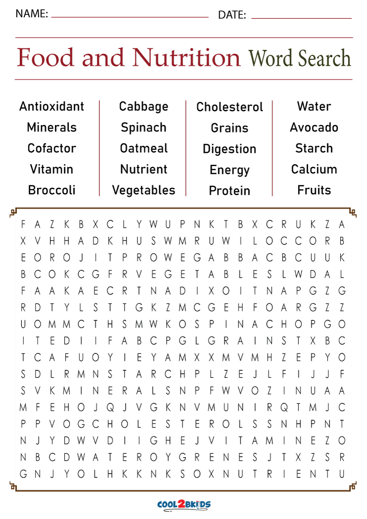 Printable Nutrition Word Search Cool2bKids