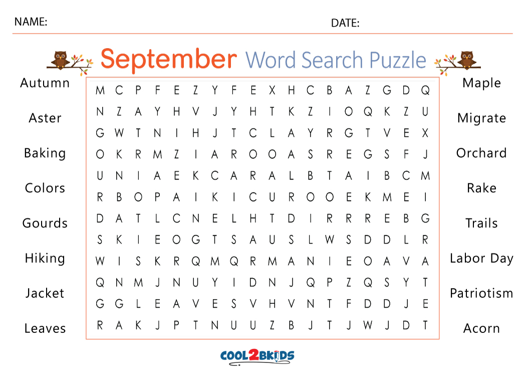 Printable September Word Search - Cool2bKids