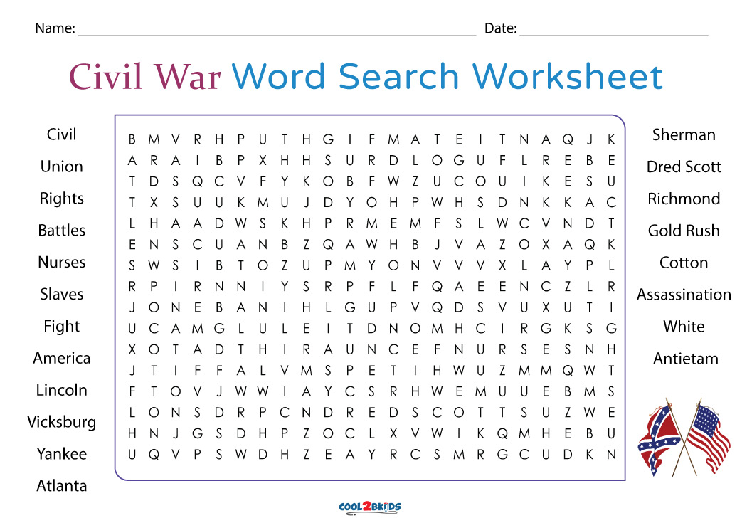 Printable Civil War Word Search - Cool2bKids