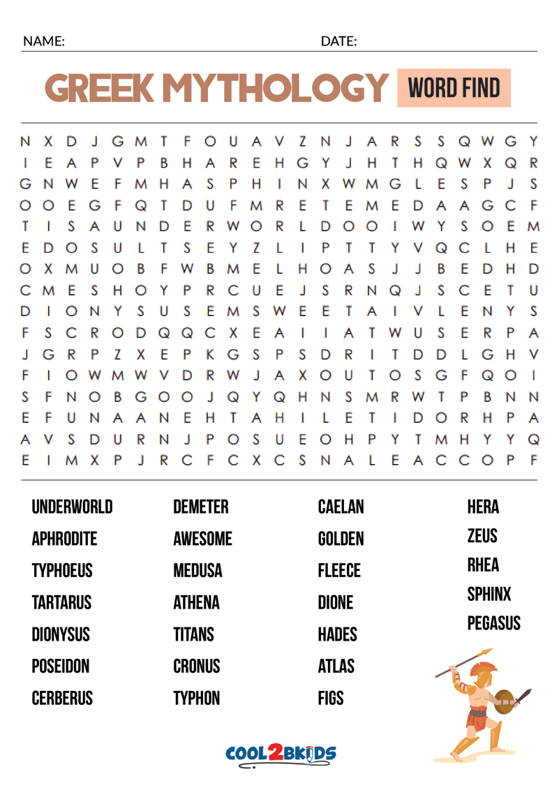 Printable Greek Mythology Word Search - Cool2bKids