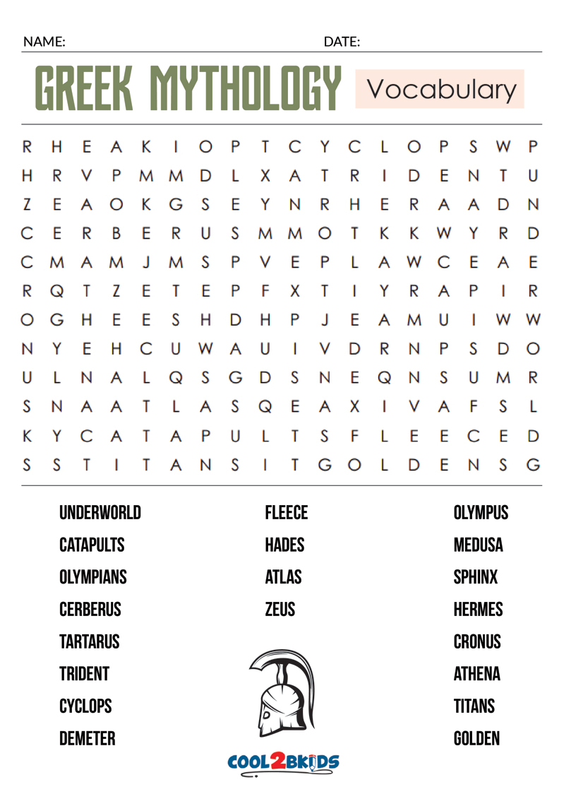 Printable Greek Mythology Word Search - Cool2bKids