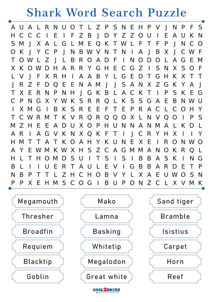 Printable Shark Word Search - Cool2bKids