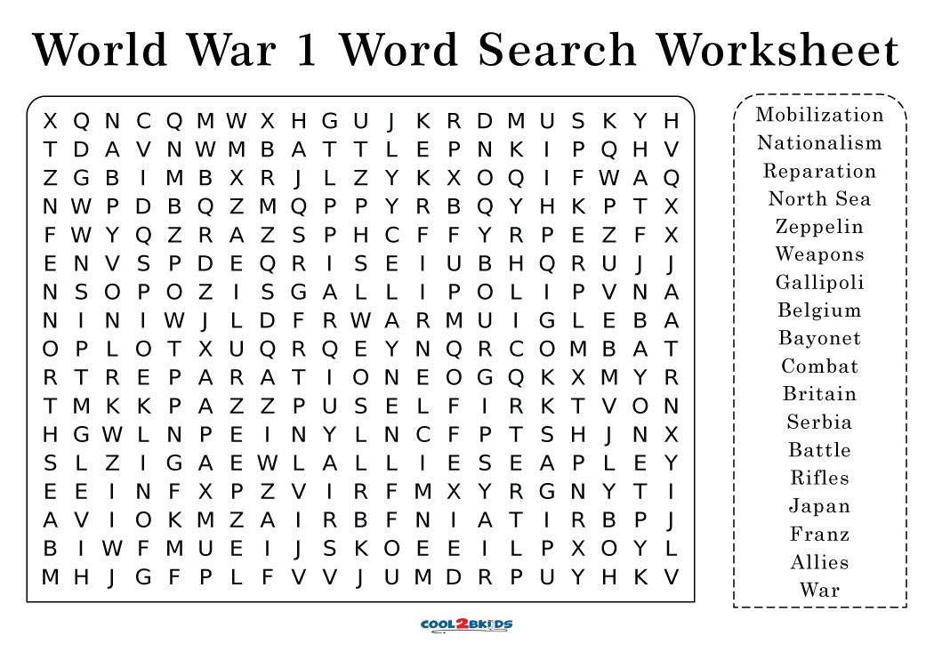 Printable World War 1 Word Search Printable World War 1 Word Search